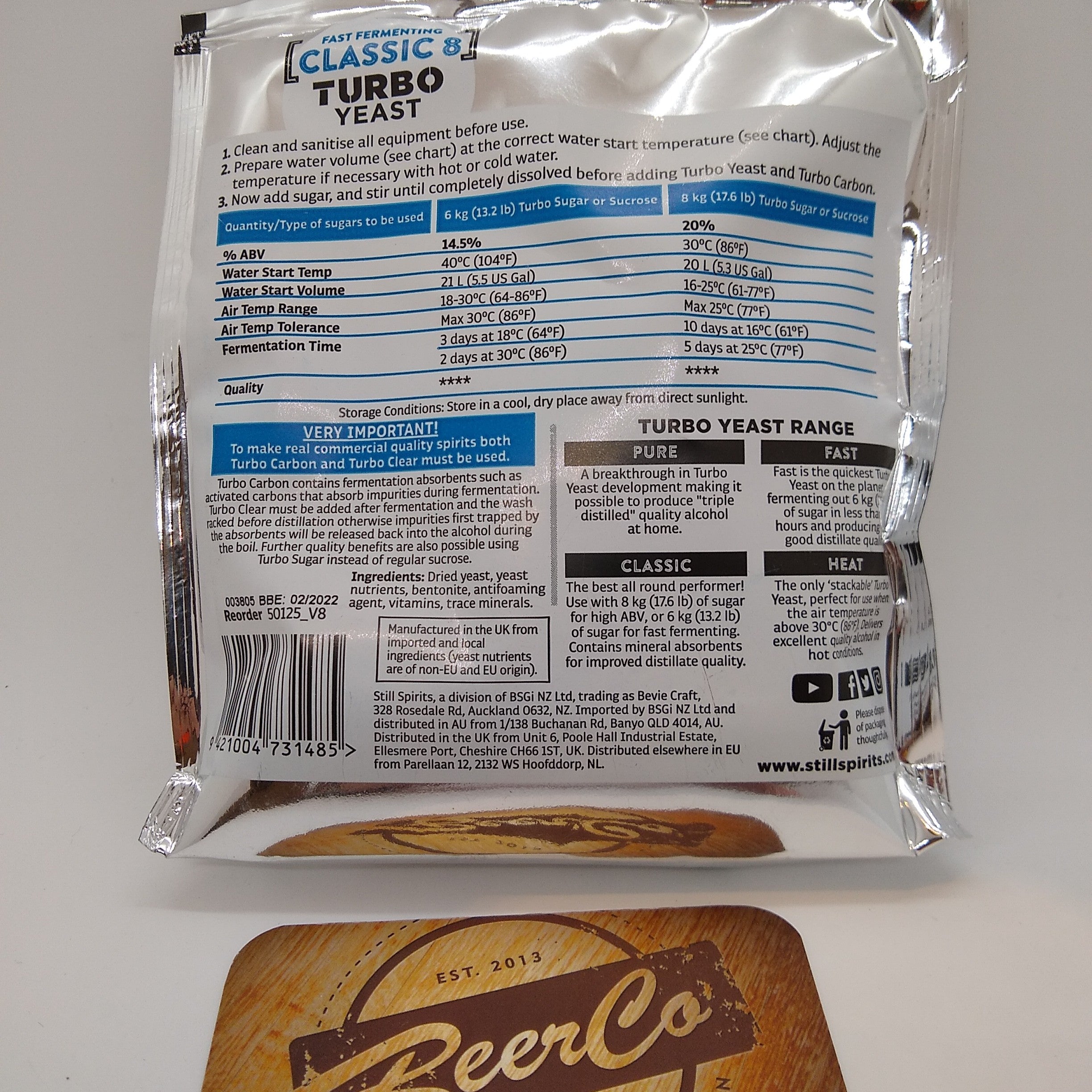 Classic 8 Turbo Yeast 273g | Still Spirits | Fast Fermenting | BeerCo ...
